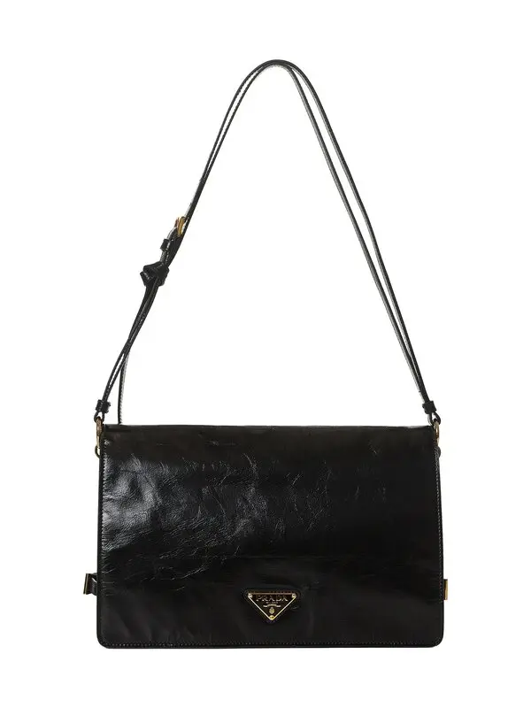 Prada Black Calf Leather Medium Shoulder Bag With Foldover Top - Multicolor