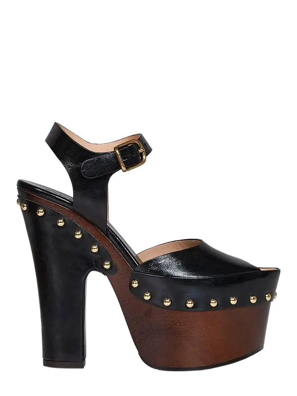 Chloé Black Shiny Calfskin Leather Platform Clogs - Multicolor