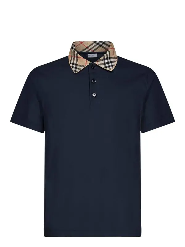 Burberry Navy Blue Cotton Pique Polo Shirt With Check Collar - Multicolor