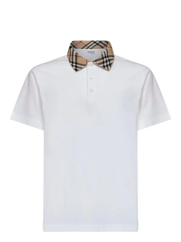 Burberry Chalk White Cotton Pique Polo Shirt With Check Collar - Multicolor