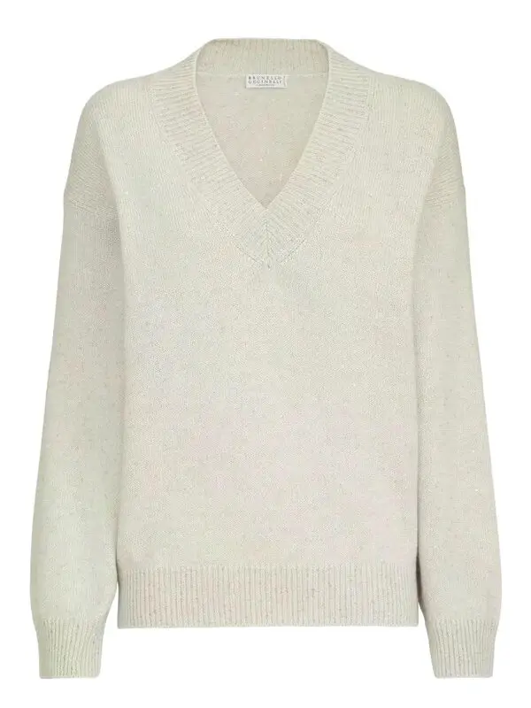 Brunello Cucinelli Cashmere And Silk Diamond-yarn V-neck Sweater - Neutrals