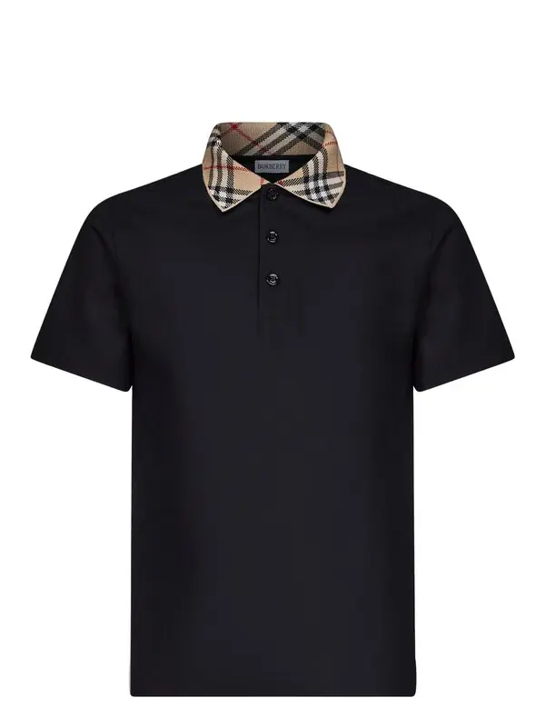 Burberry Black Cotton Pique Polo Shirt With Check Collar - Multicolor