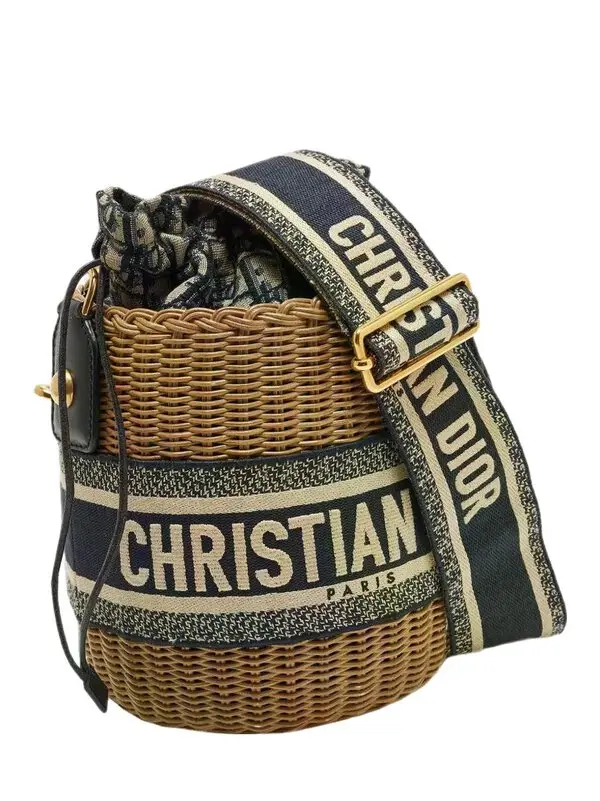 Dior Woven Wicker Oblique Canvas Drawstring Bucket Bag - Neutrals