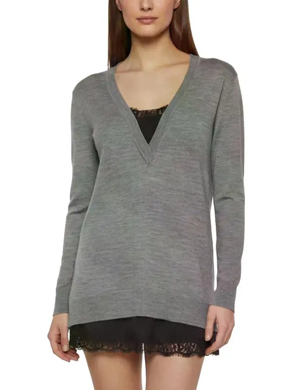 Sandro Lace-trim V-neck Fine Knit Sweater - Grey