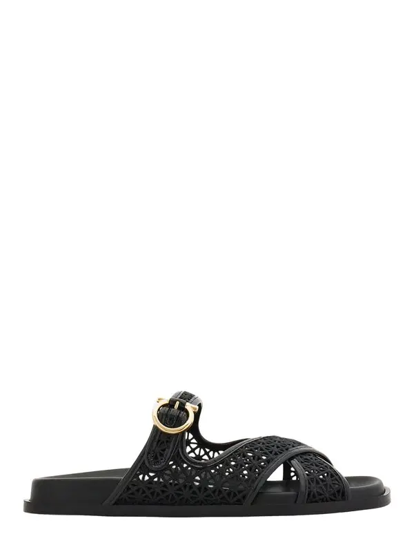 FERRAGAMO Gancini Buckle Crossover Slides - Black