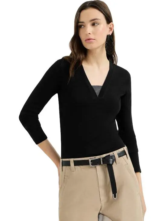 Brunello Cucinelli Stretch Cotton Ribbed Jersey V-neck Top With Precious Insert - Black