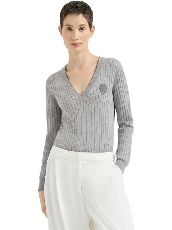 Brunello Cucinelli Cotton Ribbed V-neck Sweater - Grey