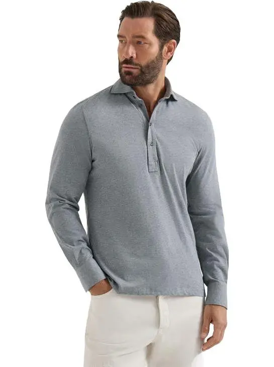 Brunello Cucinelli Cotton Jersey Long Sleeve Polo With Shirt-style Collar - Medium Grey