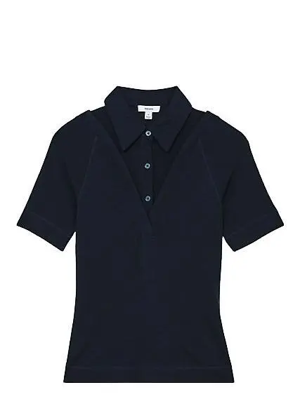 REISS Shona Collar-insert Stretch-knit Top - Navy