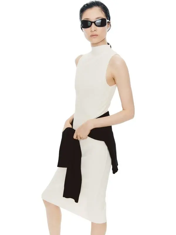 H&m Jersey Pencil Midi Skirt With Slit - Cream