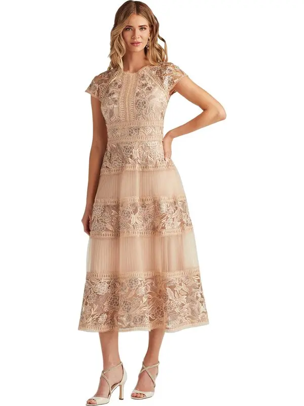 Tadashi Shoji Tamsin Embroidered Tulle Midi Dress - Pebble