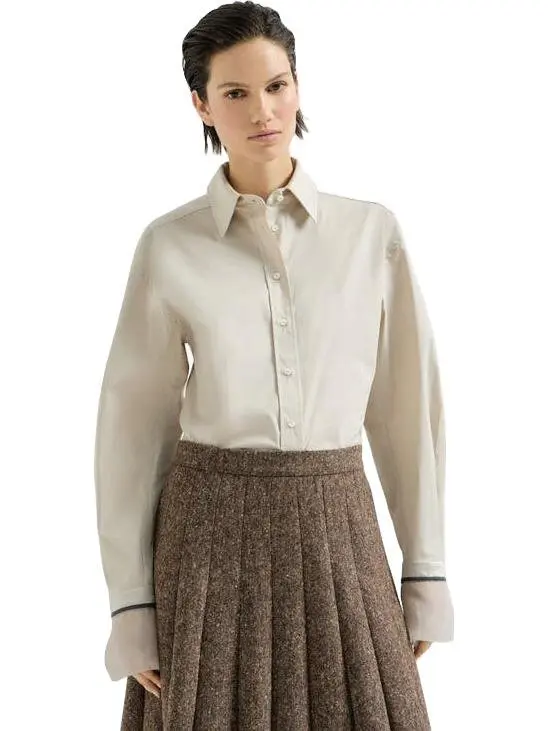 Brunello Cucinelli Stretch Cotton Poplin Shirt With Shiny Silk Cuffs - Ivory