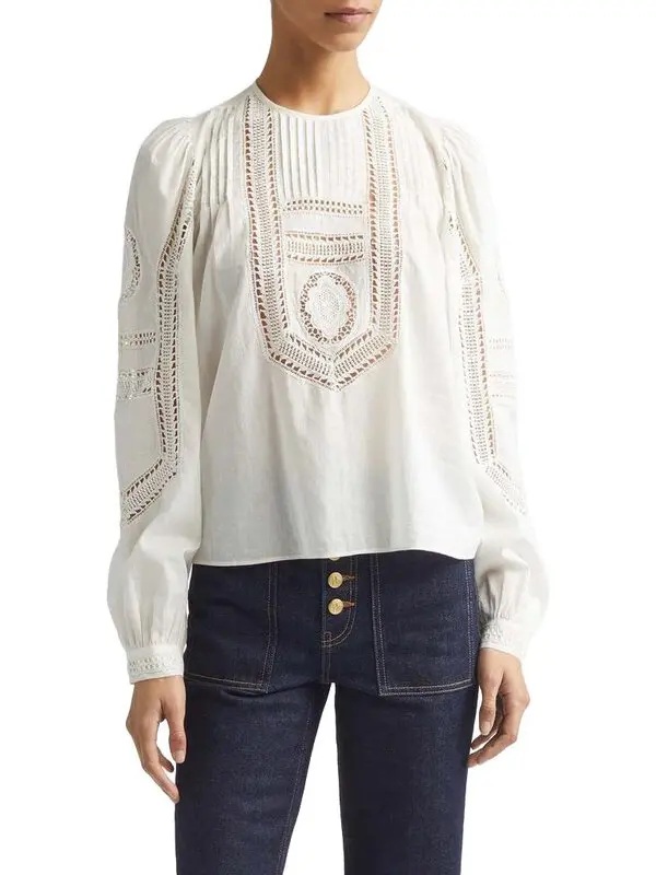 Ulla Johnson Marlowe Long Sleeve Cotton Top With Pintucks And Lace - Pristine
