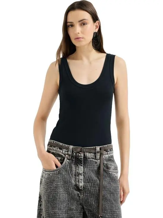 Brunello Cucinelli Stretch Cotton Ribbed Jersey Top With Monili - Black