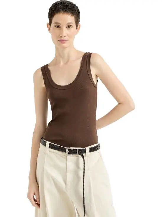 Brunello Cucinelli Stretch Cotton Ribbed Jersey Top With Monili - Brown
