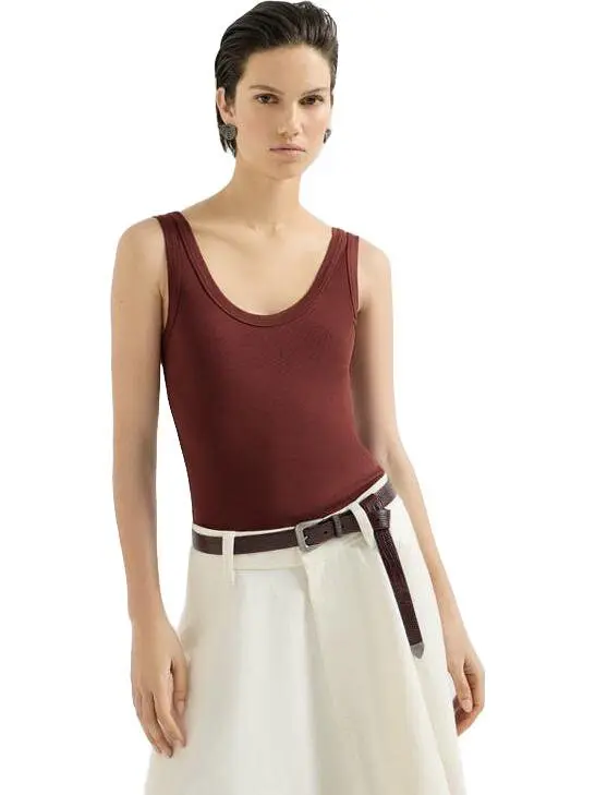 Brunello Cucinelli Stretch Cotton Ribbed Jersey Top With Monili - Wine