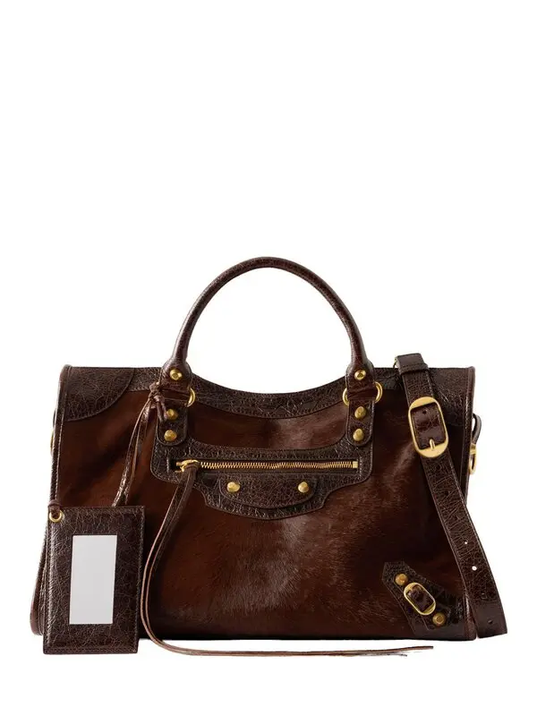Balenciaga Le City Crinkled Leather-trimmed Pony Hair Shoulder Bag - Brown