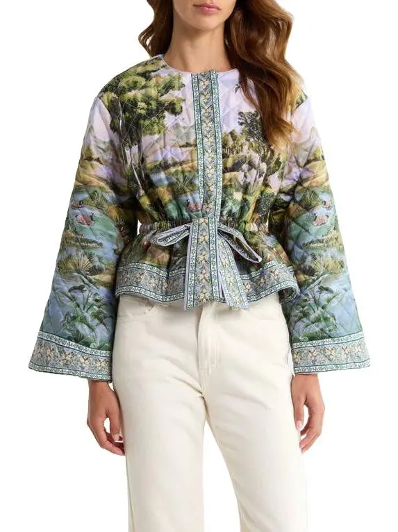 Farm Rio Quilted Landscape Cotton Jacket With Drawstring Waist - Green