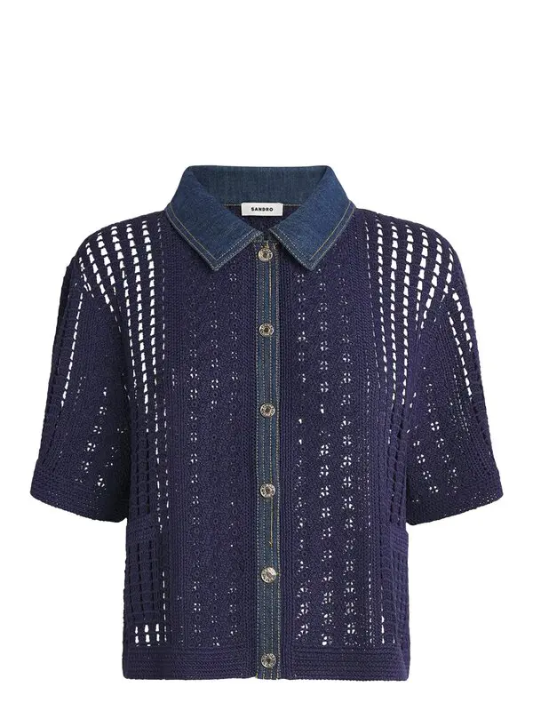 Sandro Crochet Cardigan With Denim Trim - Blue