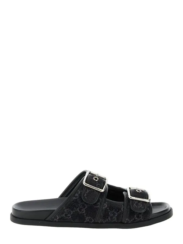 Gucci Gg Denim Slides With Adjustable Buckles - Black