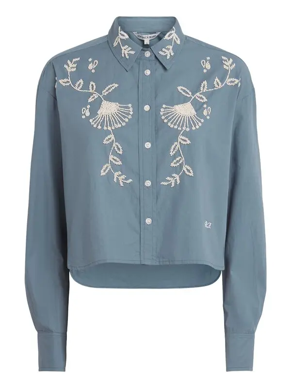 Veronica Beard Cropped Beaded Cotton Poplin Shirt - Blue