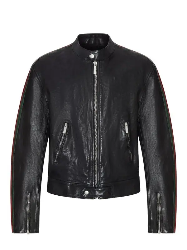 Gucci Buffalo Leather Bomber Jacket With Web Stripe - Black