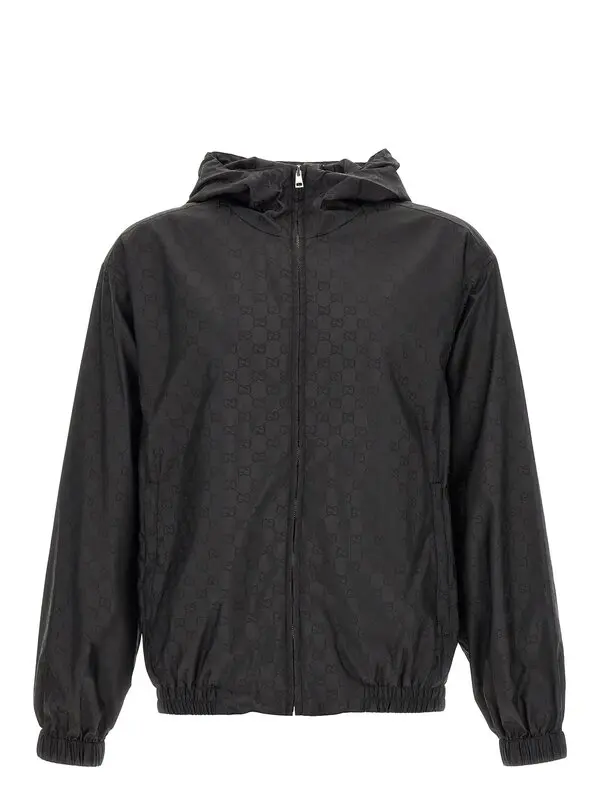 Gucci Gg Jacquard Nylon Anorak With High Neck And Zip Closure - Black