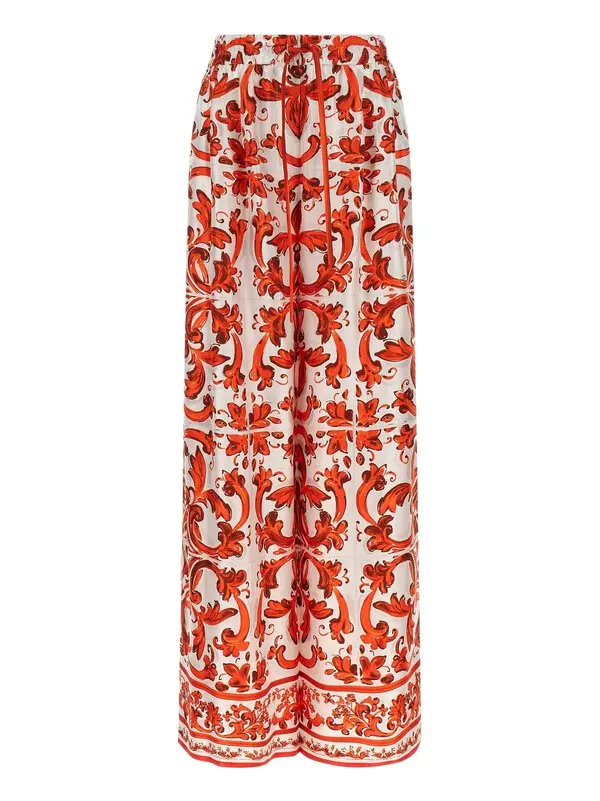 Dolce & Gabbana Silk Twill 'maiolica' Print Wide Leg Pants - Orange
