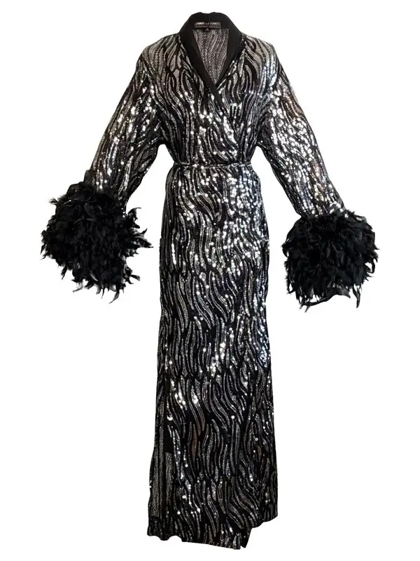 JENNAFER GRACE Marlene Sequin Embellished Wrap Maxi Dress With Feathered Cuffs - Black
