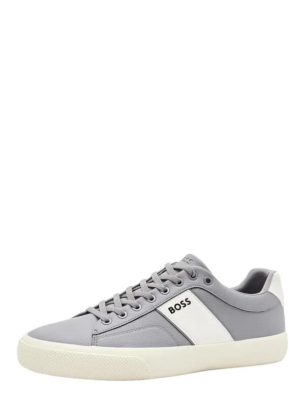 BOSS Aiden Logo Block Leather Low Top Sneakers - Medium Gray