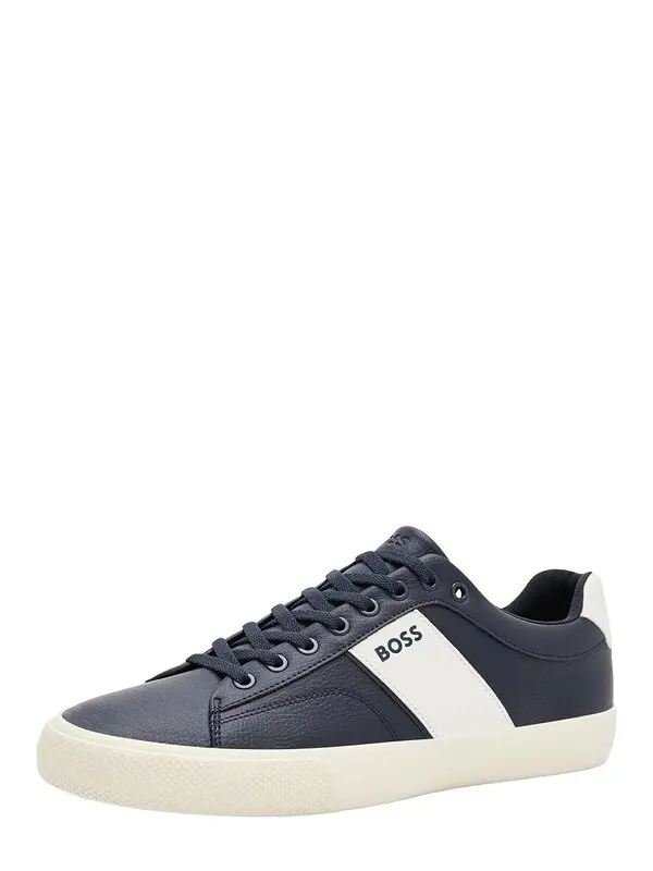 BOSS Aiden Logo Block Leather Low Top Sneakers - Navy