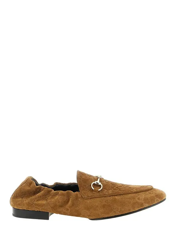 Gucci Gg Embossed Suede Loafers With Metal Clamp - Brown