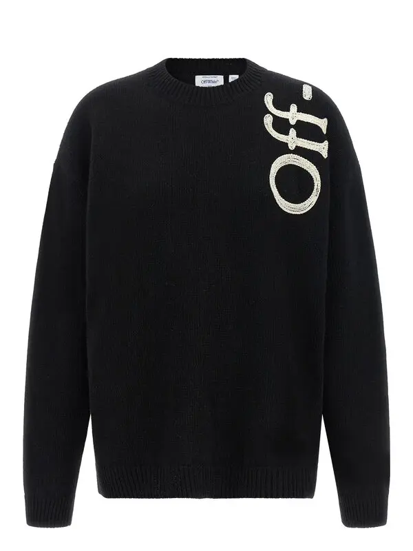 Off-White Wool Crew Neck Sweater With Vertical Bookish Embroidery - Multicolor