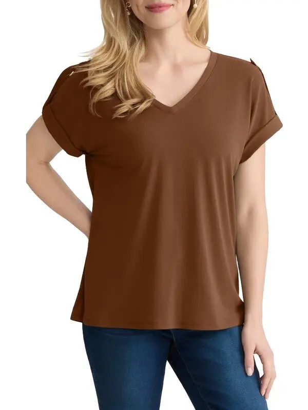 Jones New York Extended Shoulder Roll Tab Cuff V-neck T-shirt - Maple Spice