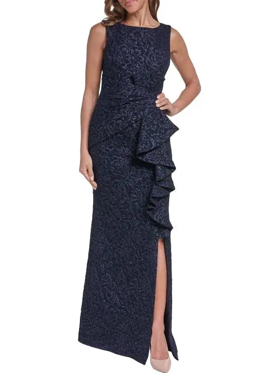 Eliza J Metallic Floral Jacquard Gown With Cascade Ruffle And Slit - Navy