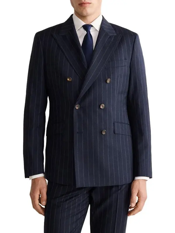 Mango Venice Slim Fit Pinstripe Double Breasted Wool Jacket - Navy