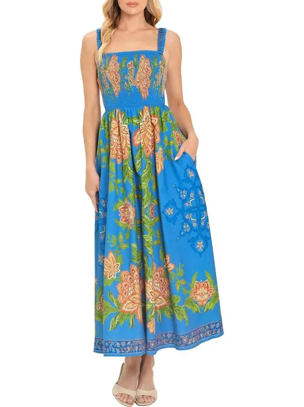 FLYING TOMATO Floral Cotton Square Neck Sundress - Blue