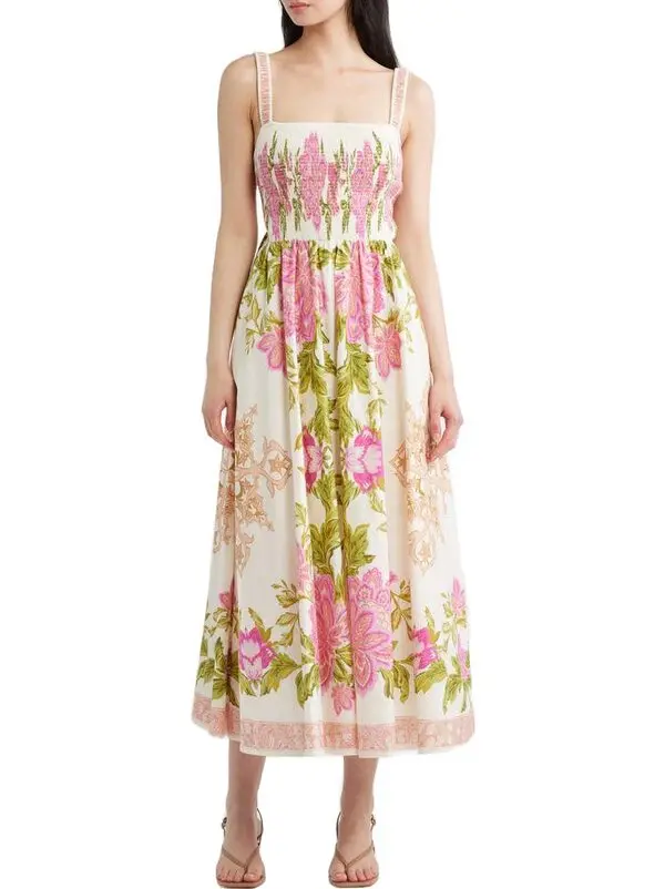 FLYING TOMATO Floral Cotton Square Neck Sundress - Ivory