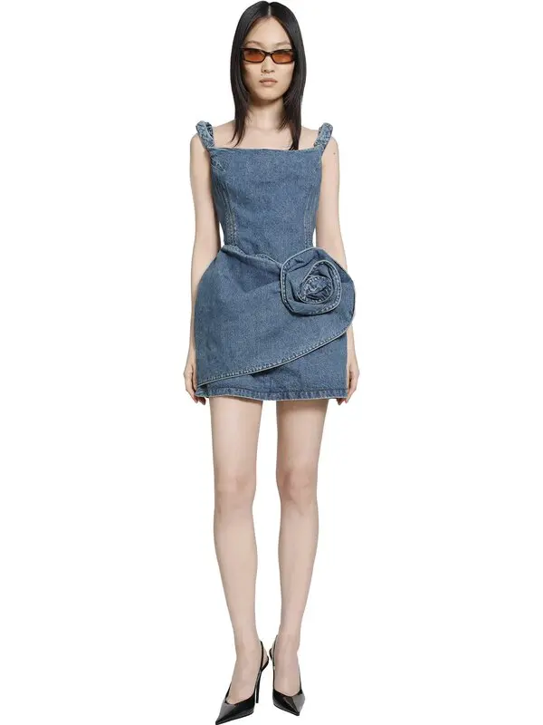 Magda Butrym Off-shoulder Denim Mini Dress With 3d Floral Detail - Blue