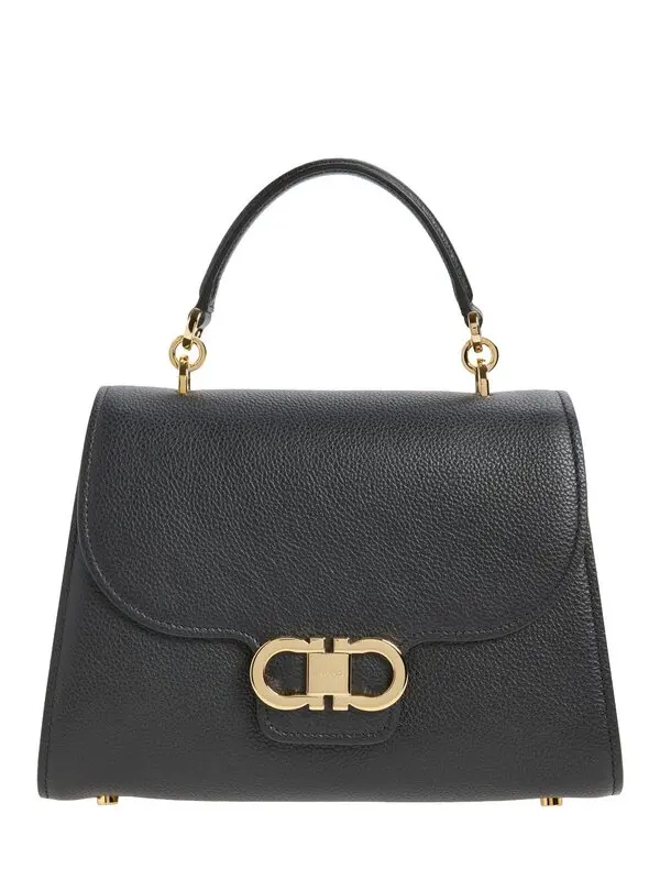 FERRAGAMO Medium Double Gancini Leather Top Handle Bag - Nero
