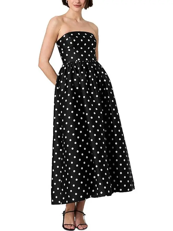French Connection Aria Polka Dot Strapless Midi Dress - Black/summer