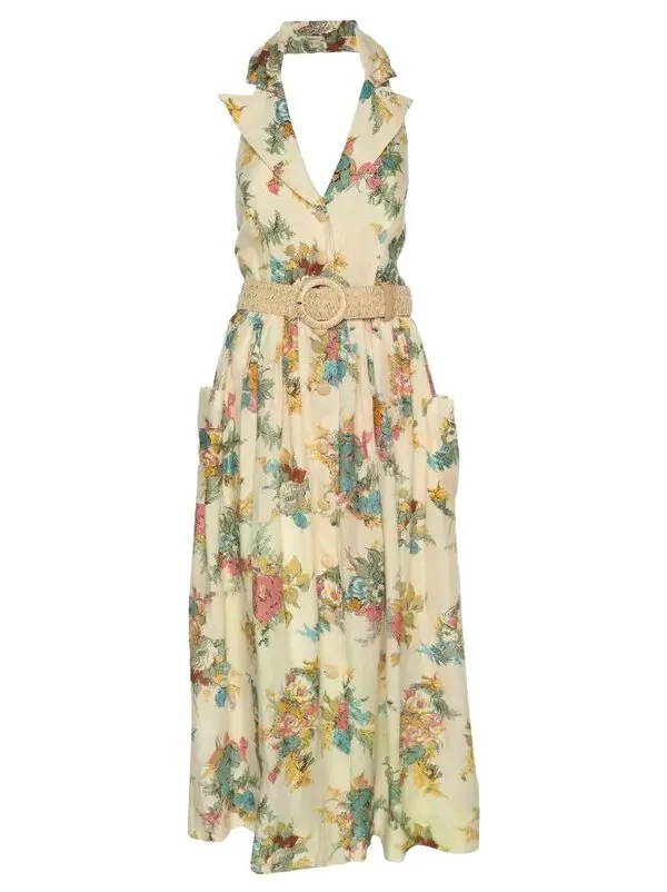 Zimmermann Linen Floral-print Halterneck Midi Dress - Neutrals