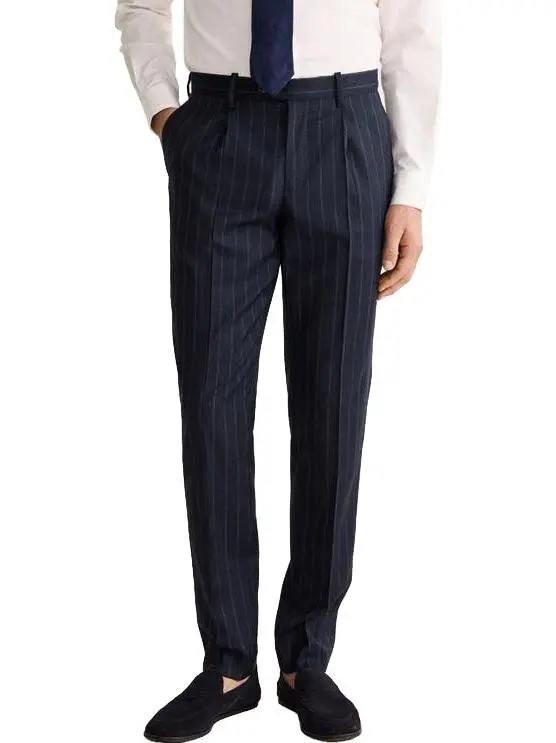 Mango Venice Chalk Stripe Slim Fit Virgin Wool Pants - Navy
