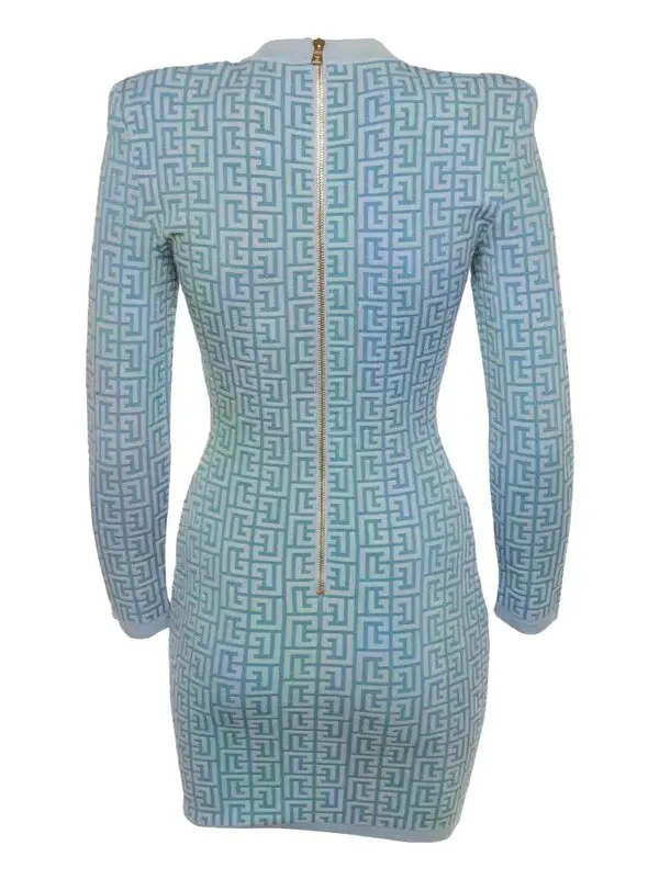 Balmain Monogram Jacquard Knit Mini Dress - Blue