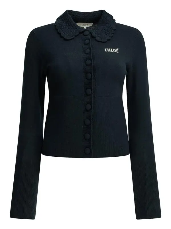 Chloé Wool Knit Polo Sweater With Logo Detail - Blue