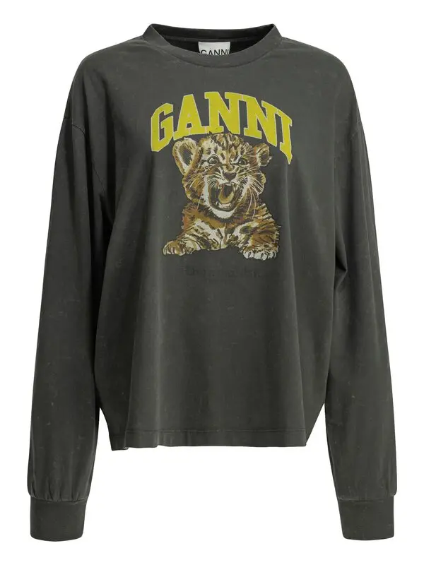 GANNI Tiger" Graphic Print Long Sleeve T-shirt - Black