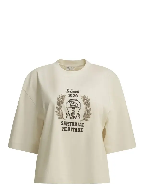 Brunello Cucinelli Crew Neck T-shirt With Embroidered Logo - Beige