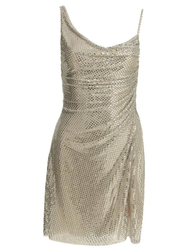 SELF-PORTRAIT Rhinestone Draped Mini Dress - Silver