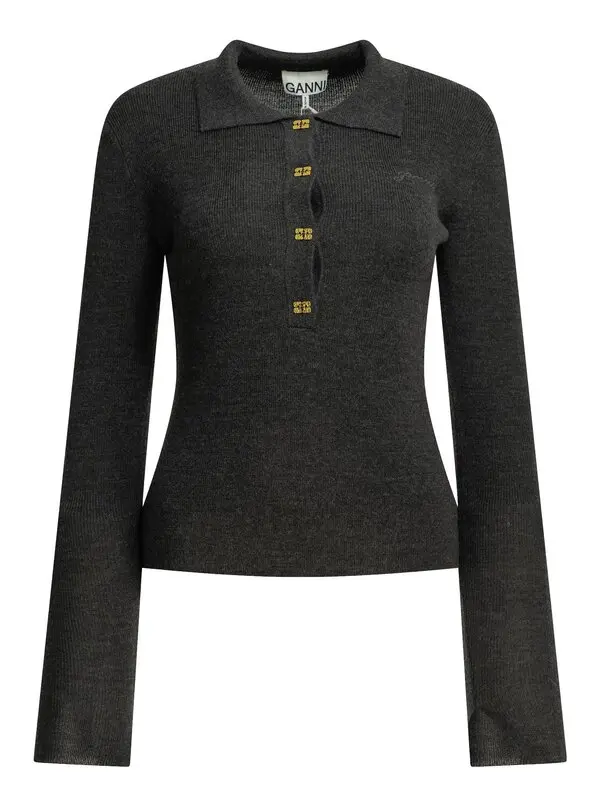 GANNI Logo Polo Sweater Fine Knit, Slim Fit, Wool - Grey