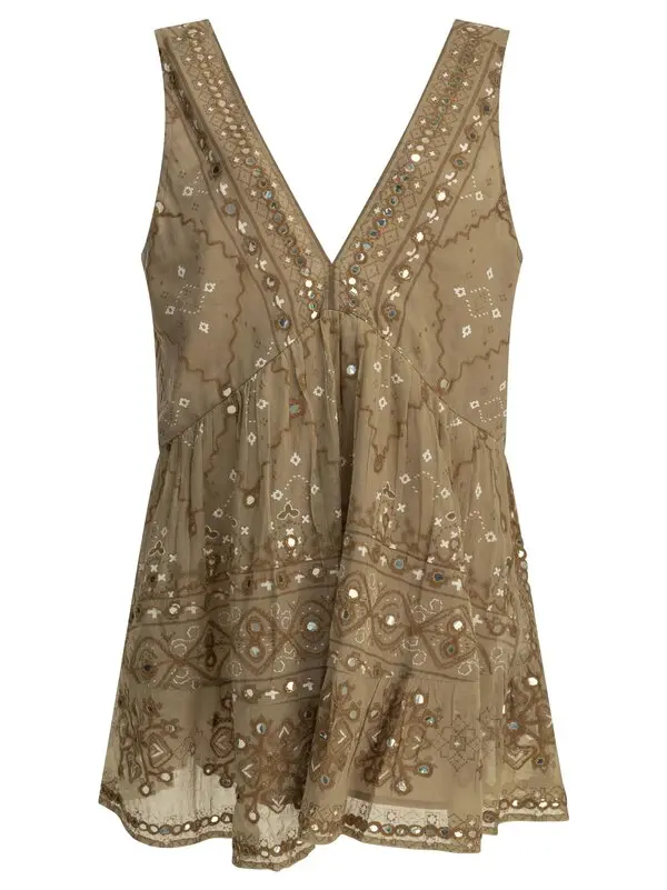 JULIET DUNN Sleeveless A-line Mini Dress With Mirror Embellishments - Brown